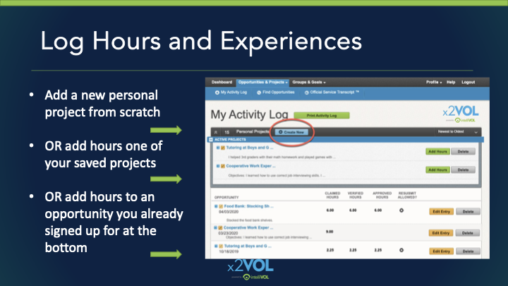 How do I log hours in x2VOL?